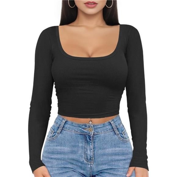 Other | Long Sleeve Square Neck Crop Tops Ribbed Knit Slim Fitted ...